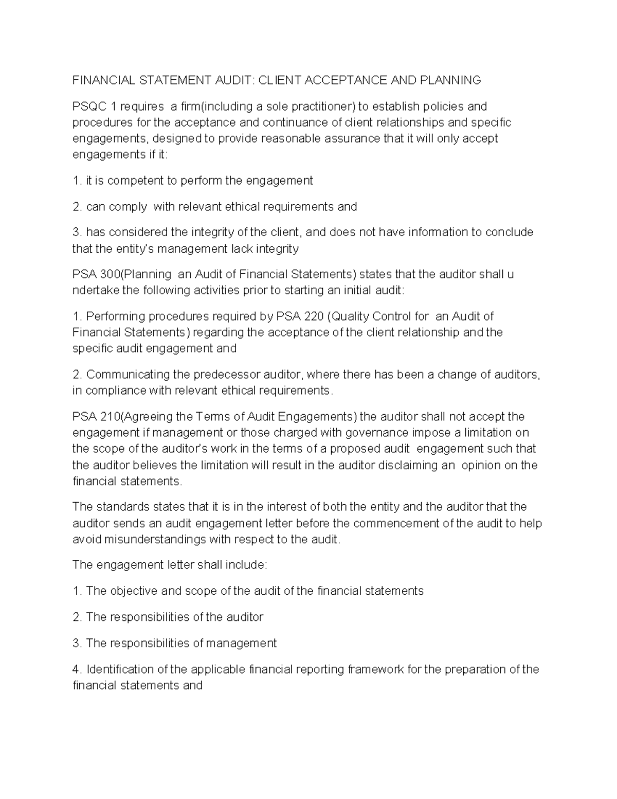 Auditing Theory: Client Acceptance and Planning - FINANCIAL STATEMENT ...