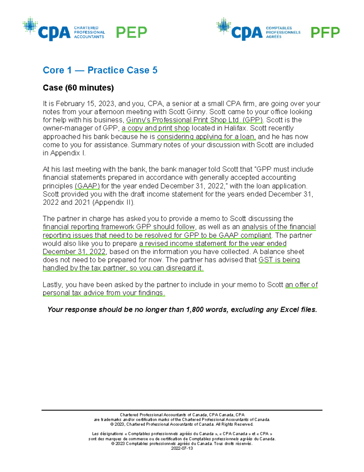 CO1-2301E-PC05 - Practice case - Chartered Professional Accountants of Canada, CPA Canada, CPA ...