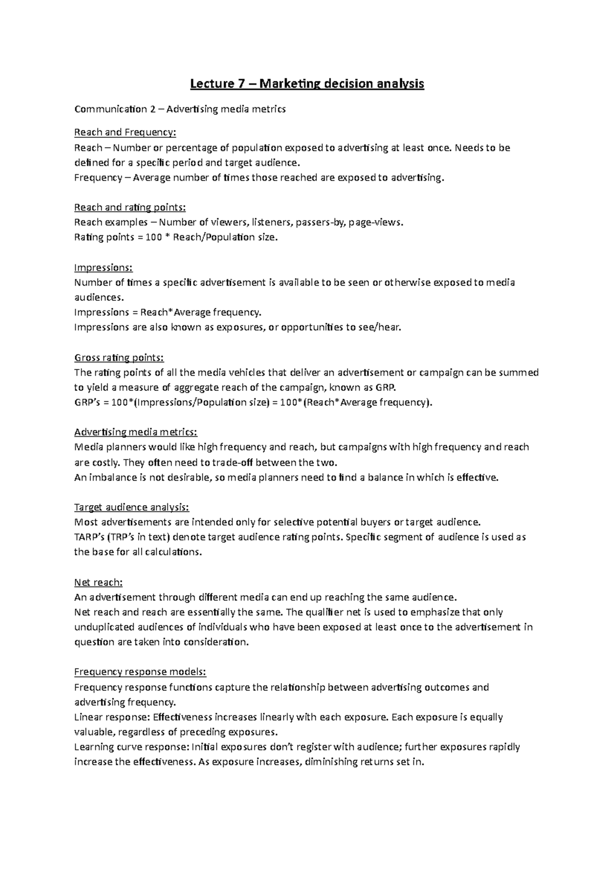 Lecture 7 - Marketing decision analysis - Lecture 7 – Marketing decision analysis Communication ...