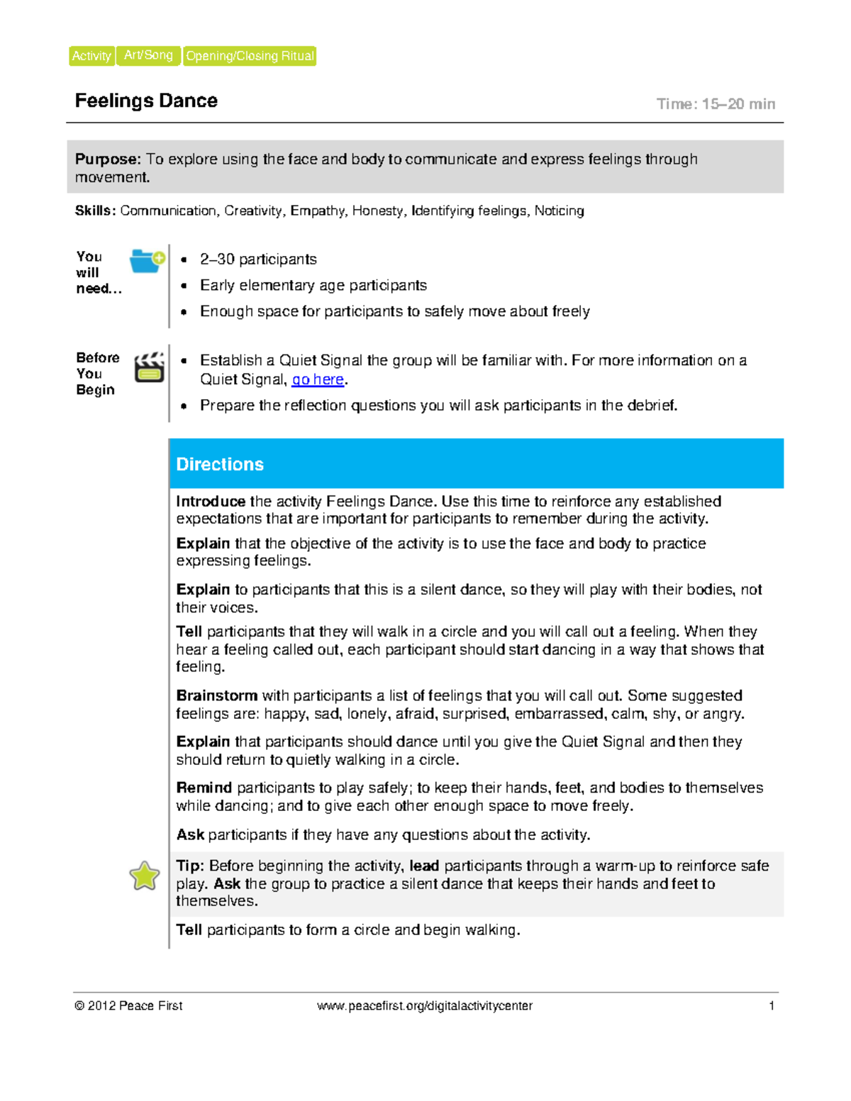 Feelings dance - fun games - © 2012 Peace First peacefirst ...