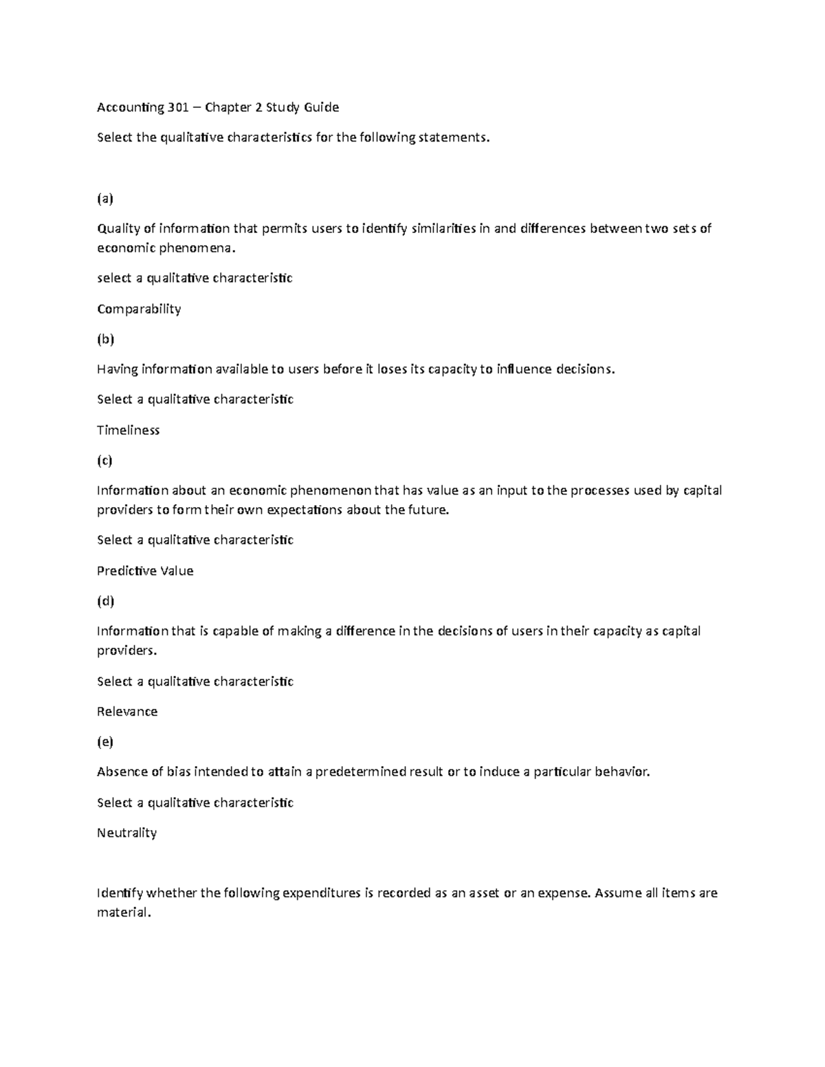 Accounting 301 Ch 2 Study Guide - Accounting 301 – Chapter 2 Study ...