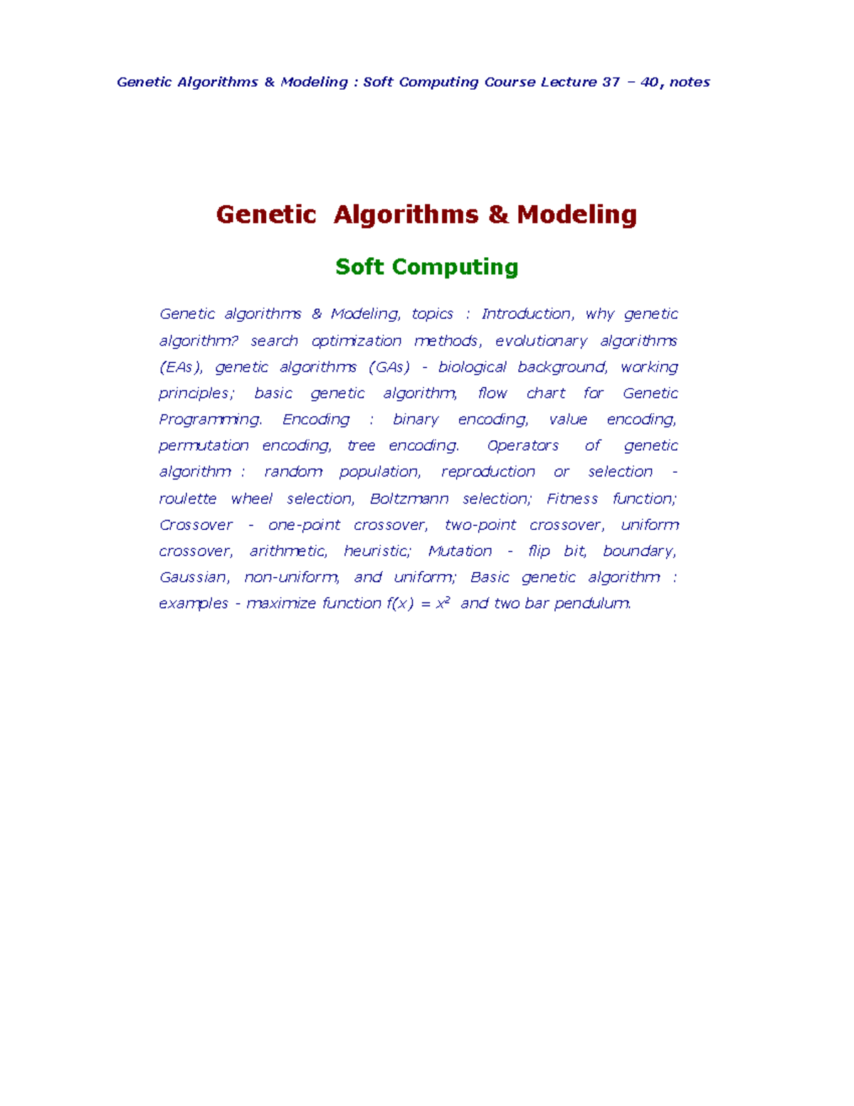 8-Com - Study Guide notes. with topics. - Genetic Algorithms & Modeling ...