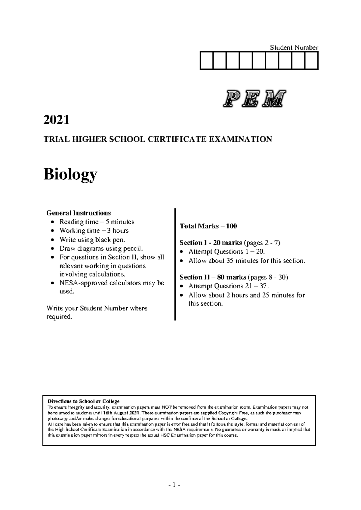 PEM 2021 - past bio paper - Student Number 2021 ####### TRIAL HIGHER ...