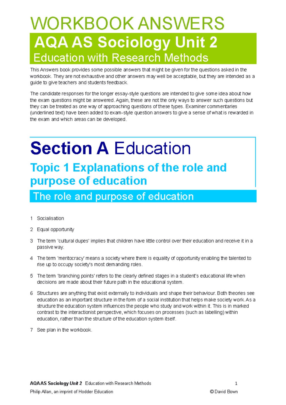 Sociology AQA AS Unit 2 workbook answers - WORKBOOK ANSWERS AQA AS ...