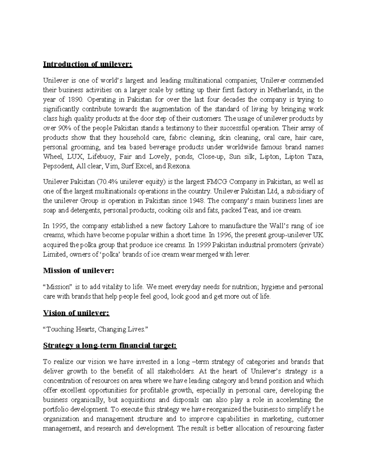 Introduction of Unilever - Introduction of unilever: Unilever is one of ...