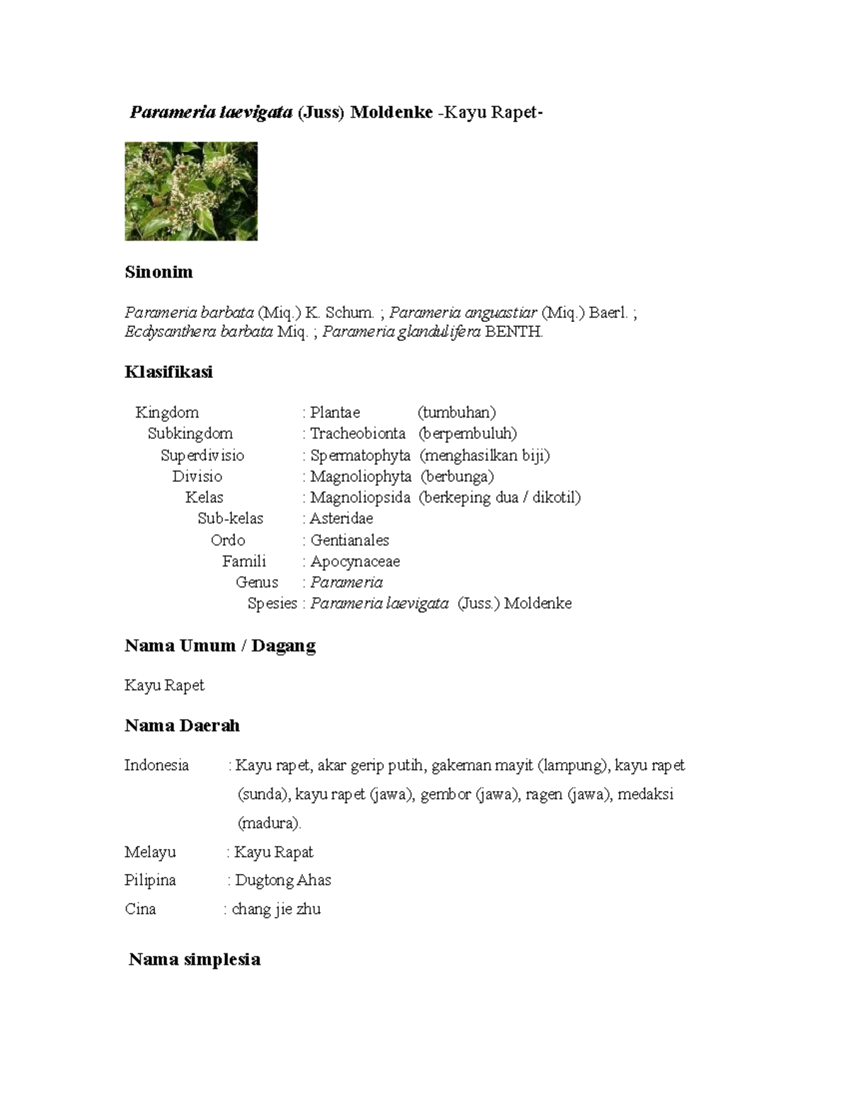Parameria laevigata - Phytochemical pharmacognosy course notes ...