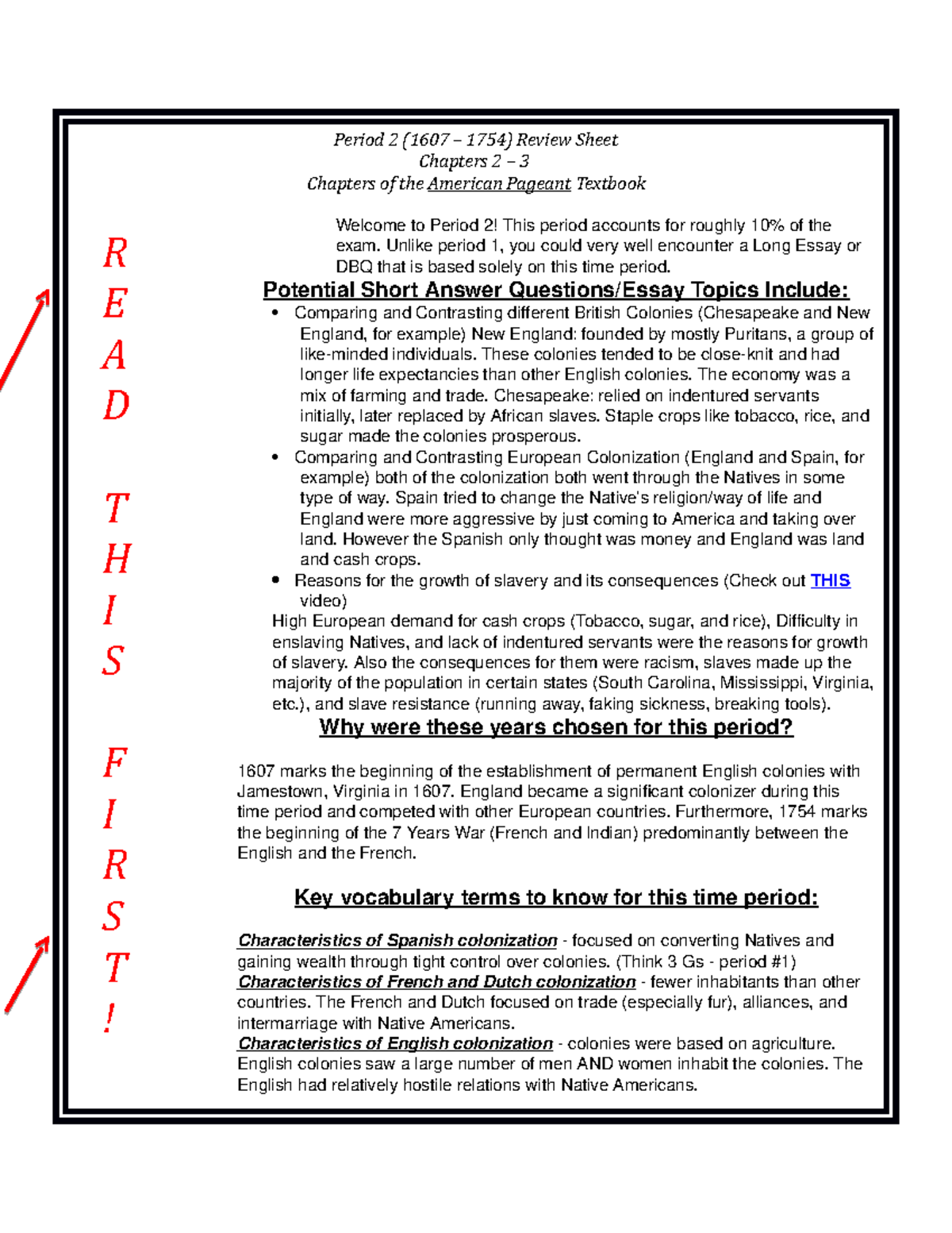 Period 2 Review Sheet - Period 2 (1607 – 1754) Review Sheet Chapters 2 ...