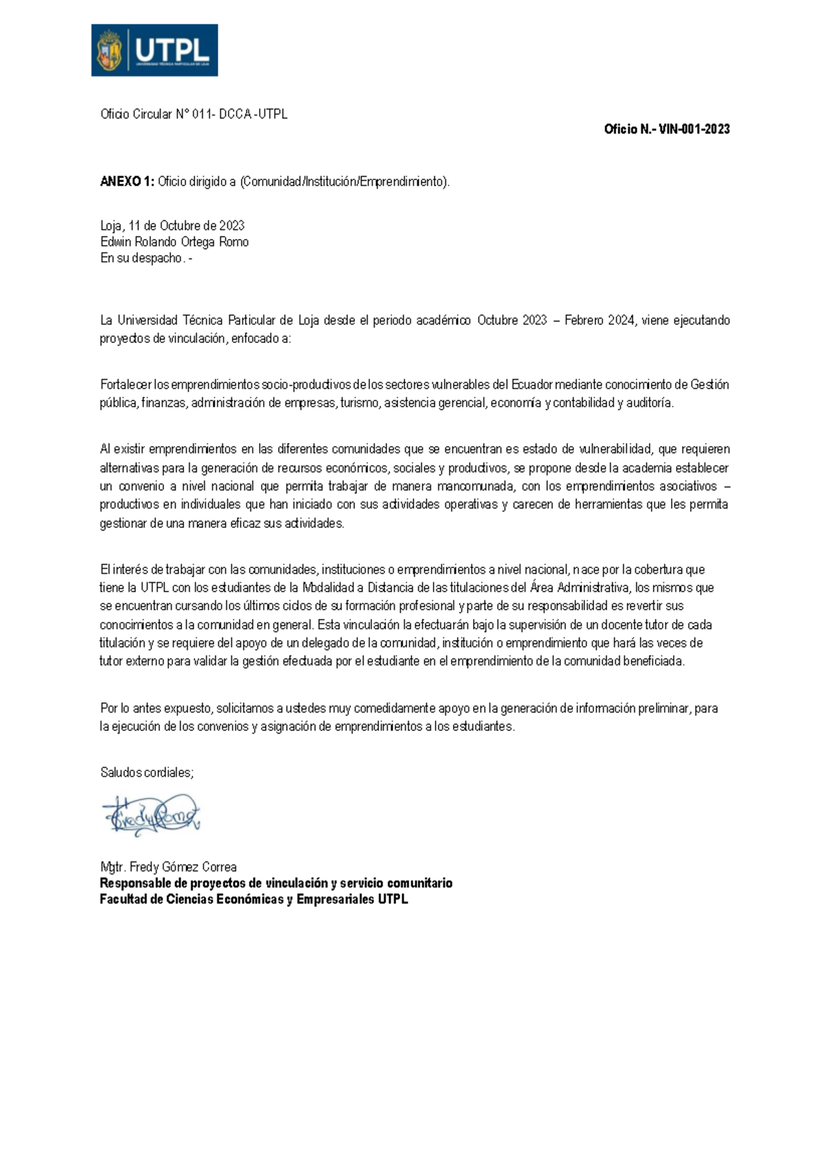 10 - GDHDHD - Oficio Circular N° 011- DCCA -UTPL Oficio N.- VIN-001 ...