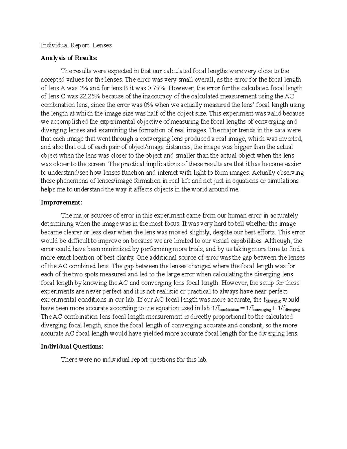 Lab 5 (lenses) - Richard Youngworth lab. - Individual Report: Lenses ...