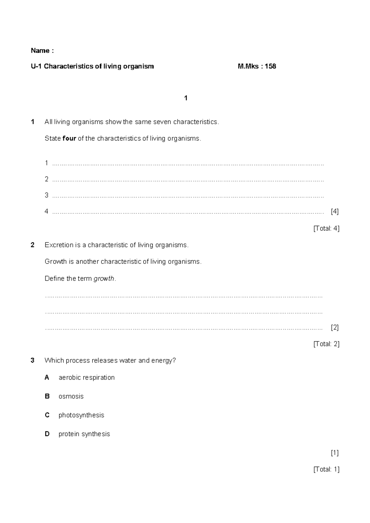 U - 1 Characteristics of living organisms - State four of the ...