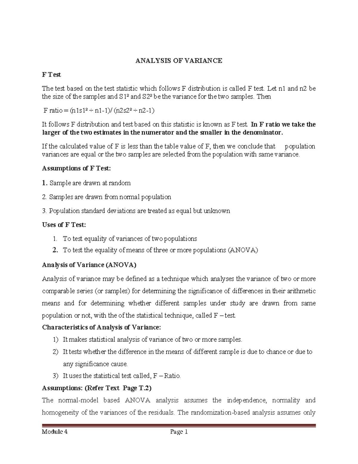 Analysis Of Variables Analysis Of Variance F Test The Test Based On The Test Statistic Which