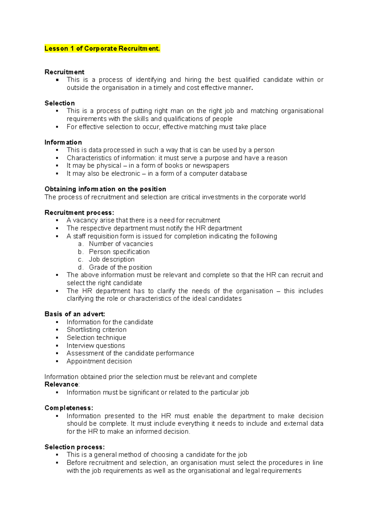 Recruitment lesson 1 - memo - Lesson 1 of Corporate Recruitment ...