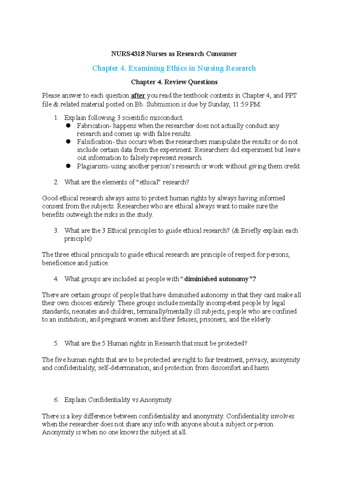 Chapter 4 review questions answered - NURS4318 Nurses as Research ...