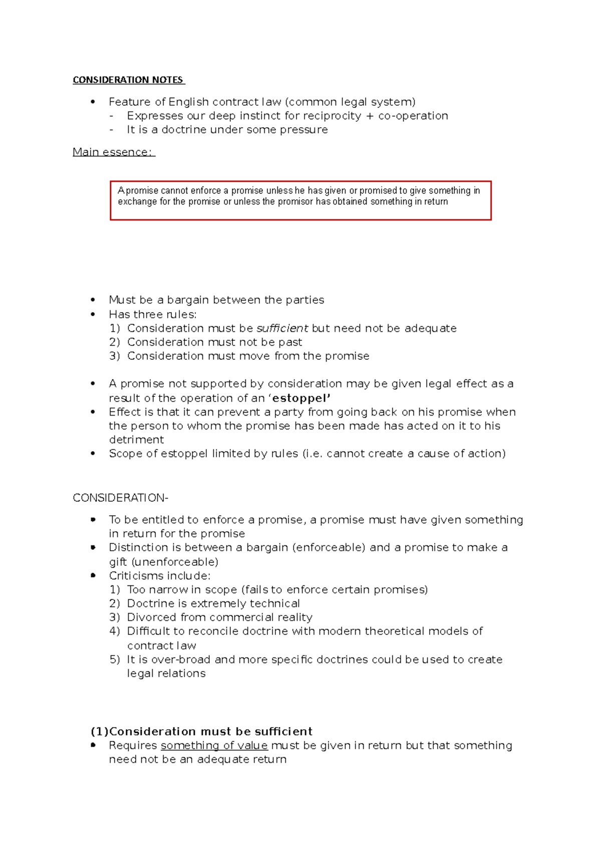 Consideration Notes - CONSIDERATION NOTES Feature of English contract ...