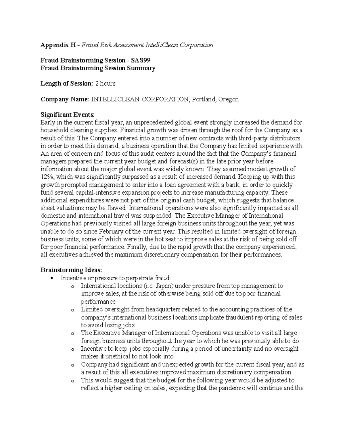 Audit Fraud Risk Assessment Memo - Appendix H - Fraud Risk Assessment ...