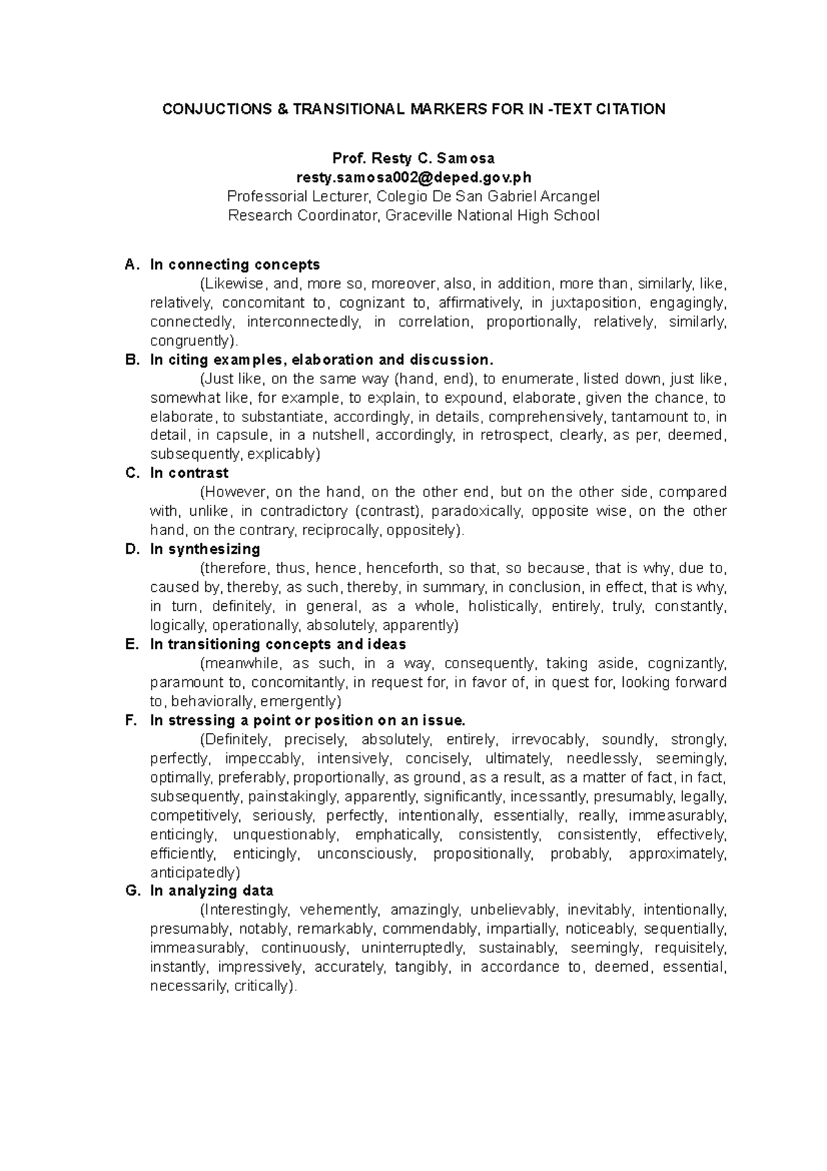 Conjuctions Transitional Markers FOR IN TEXT Citation - CONJUCTIONS ...