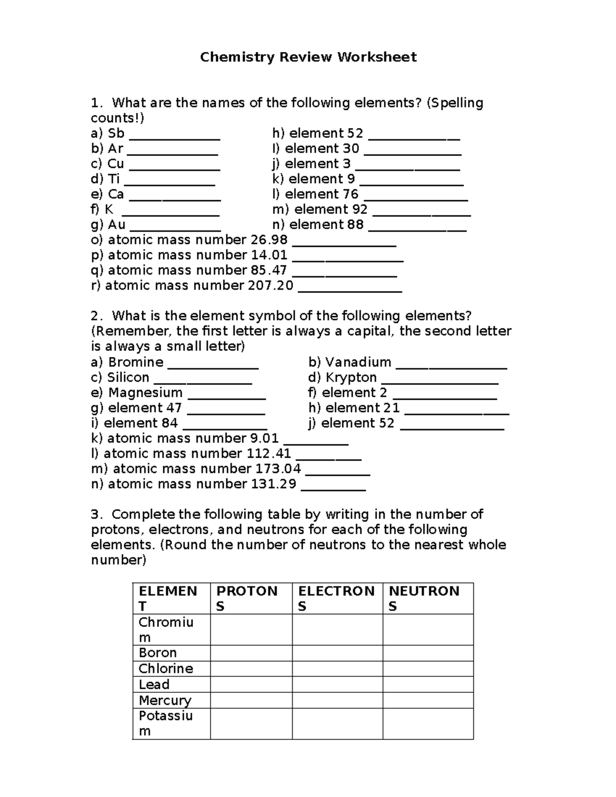 1 Chemistry Review Worksheet sv - Chemistry Review Worksheet What are ...