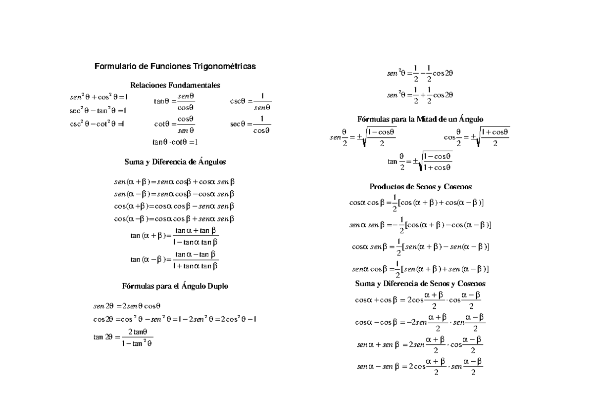 51773774 Formulario de Funciones Trigonometricas - Formulario de ...