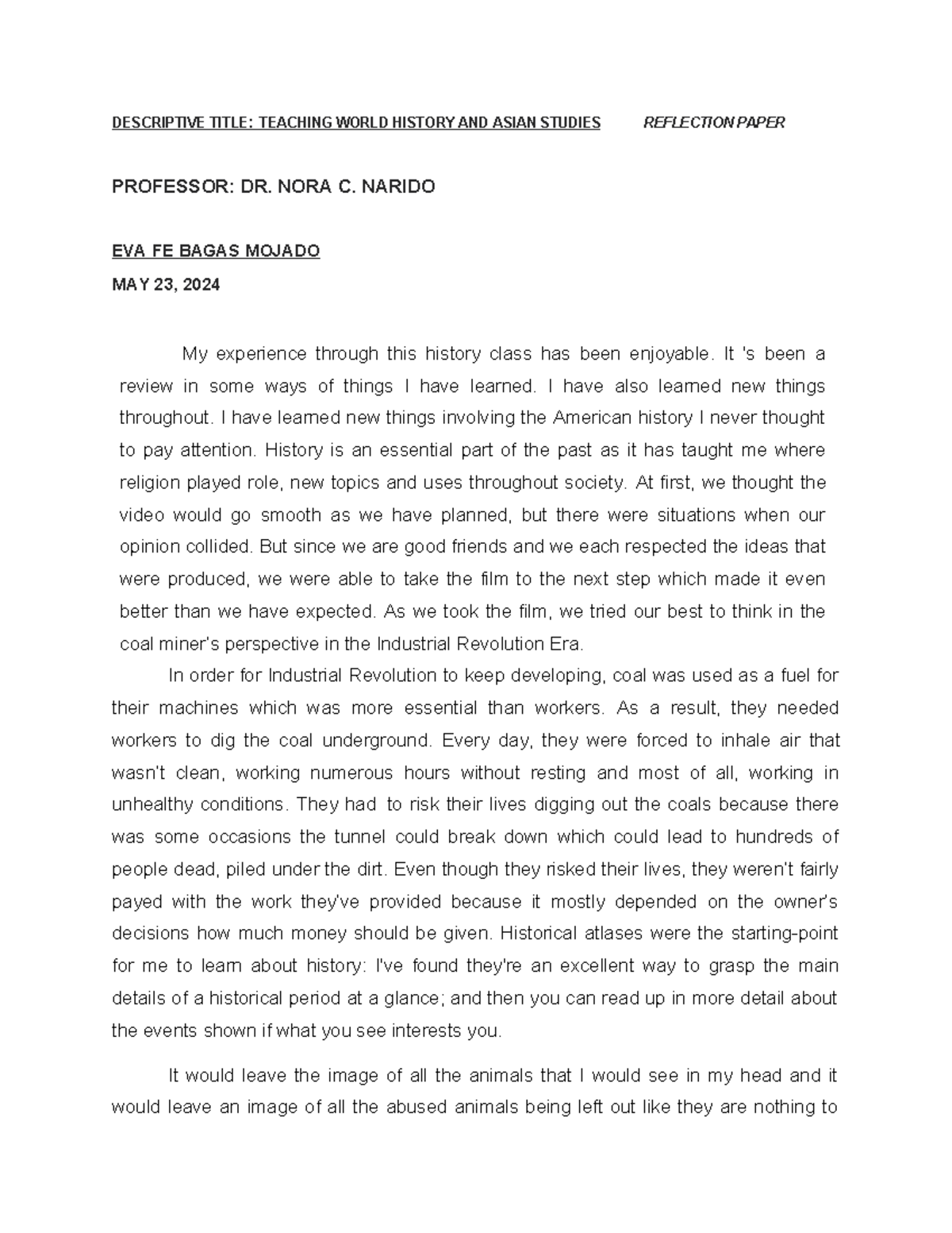 Reflection Paper (EVA FE .B Mojado - DESCRIPTIVE TITLE: TEACHING WORLD ...