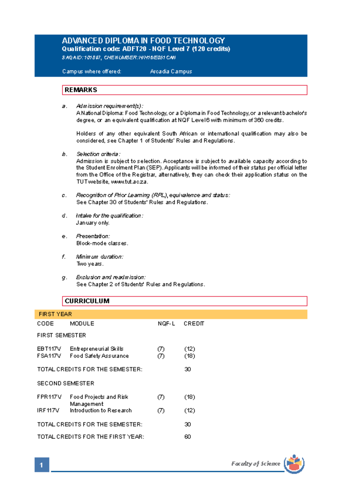 Adv Dip Food Technology 2020 - 1 Faculty of Science ADVANCED DIPLOMA IN ...