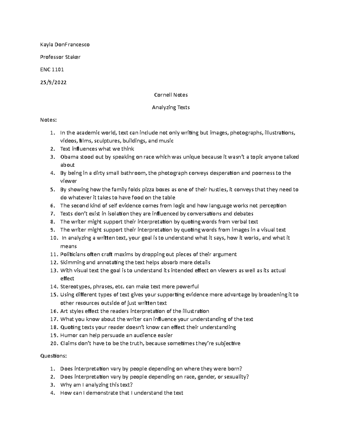 Cornell Notes Analyzing texts ENC 1101 - Kayla DonFrancesco Professor ...