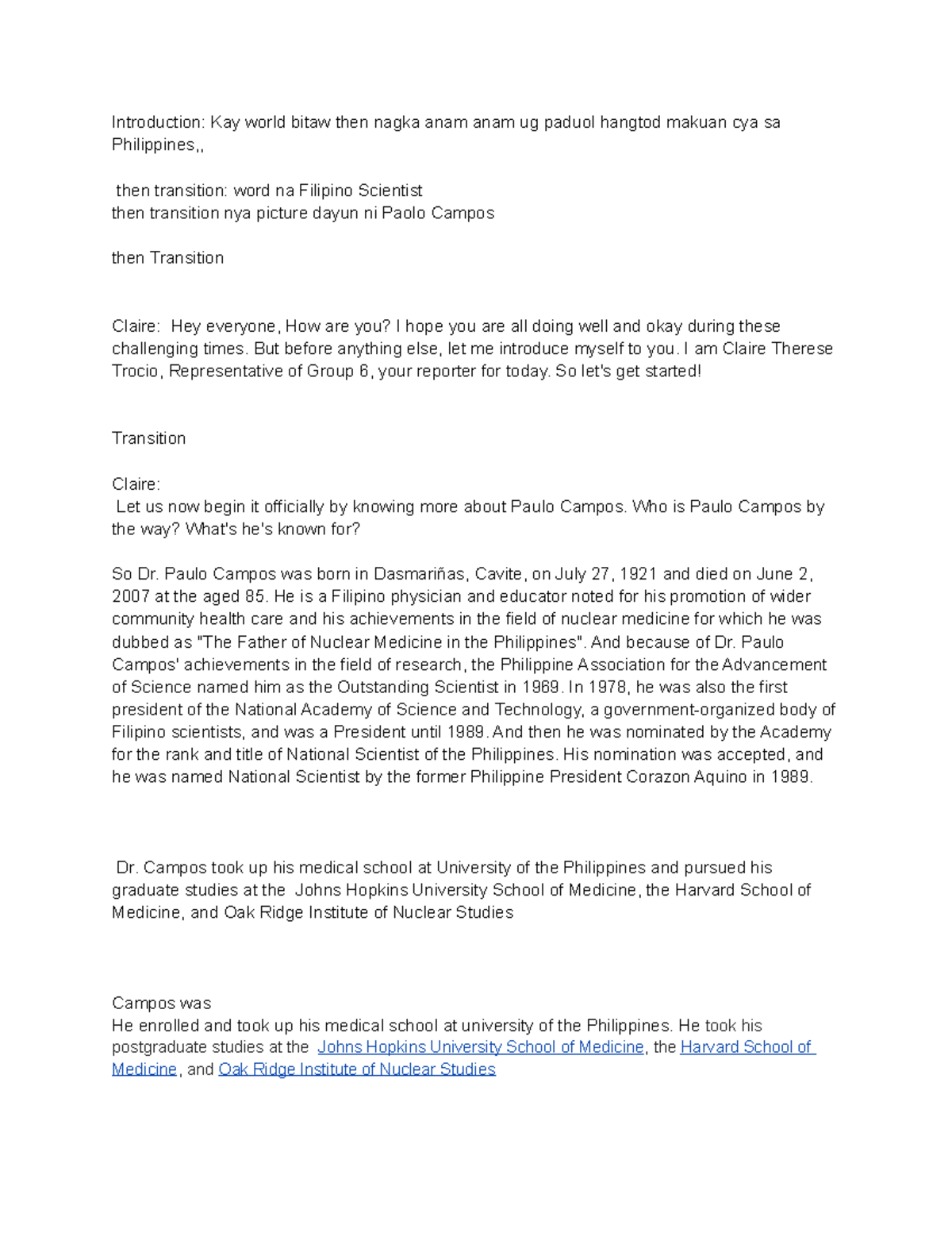 STS Script - Alfredo S. - Introduction: Kay world bitaw then nagka anam anam ug paduol hangtod ...