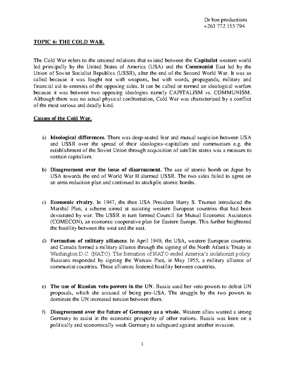 6.COLD WAR - cold war history - +263 772 155 794 TOPIC 6: THE COLD WAR ...