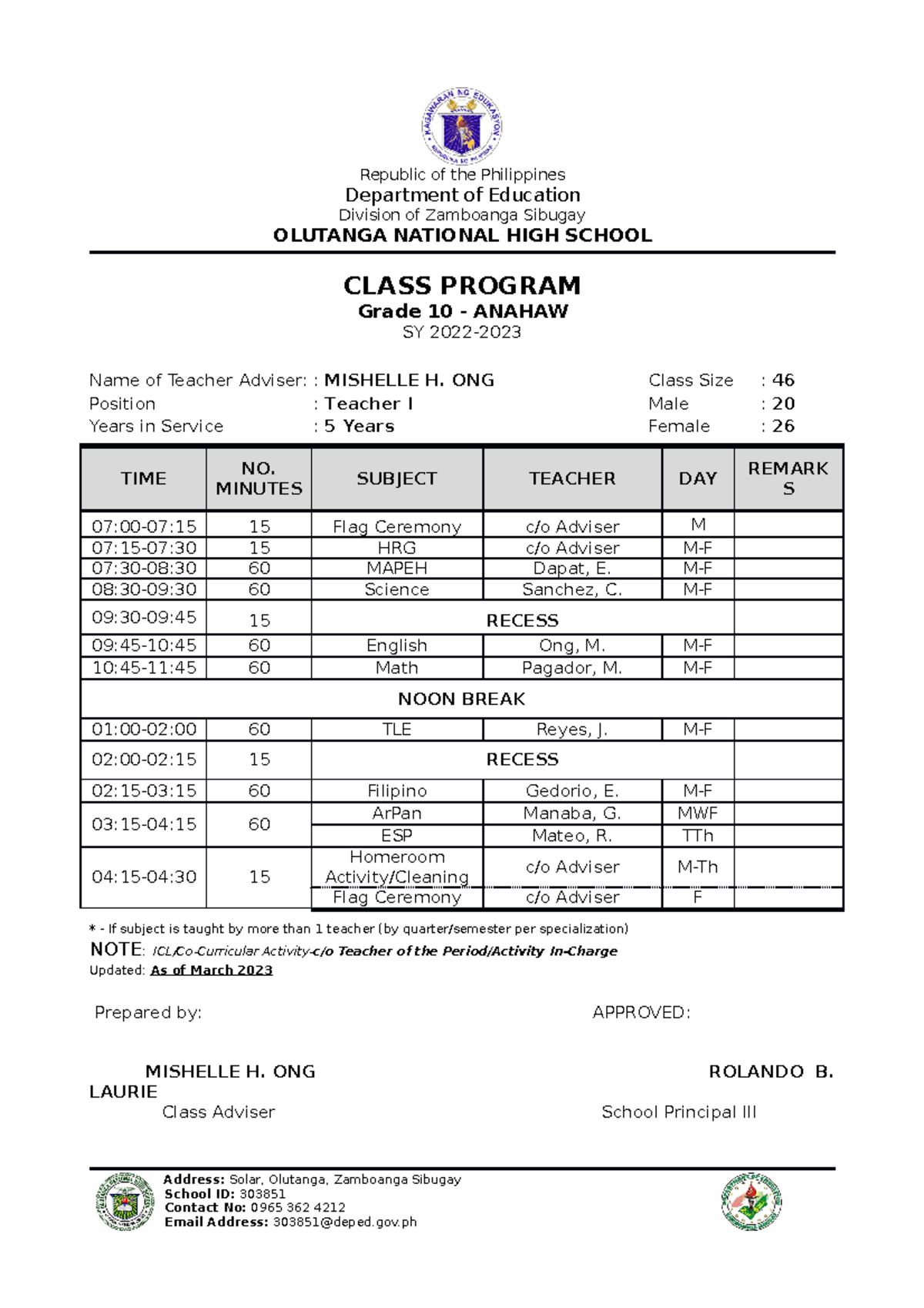 Class Program ONHS final - Republic of the Philippines Department of Education Division of ...