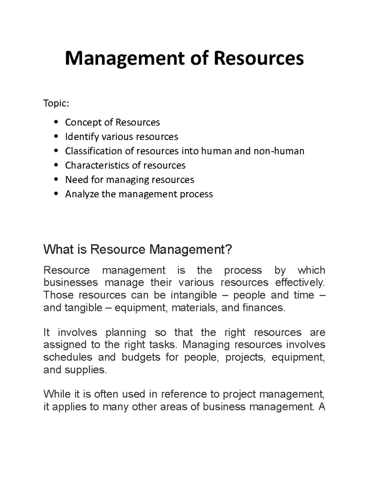 Management-Science-3 - Management of Resources Topic: Concept of ...