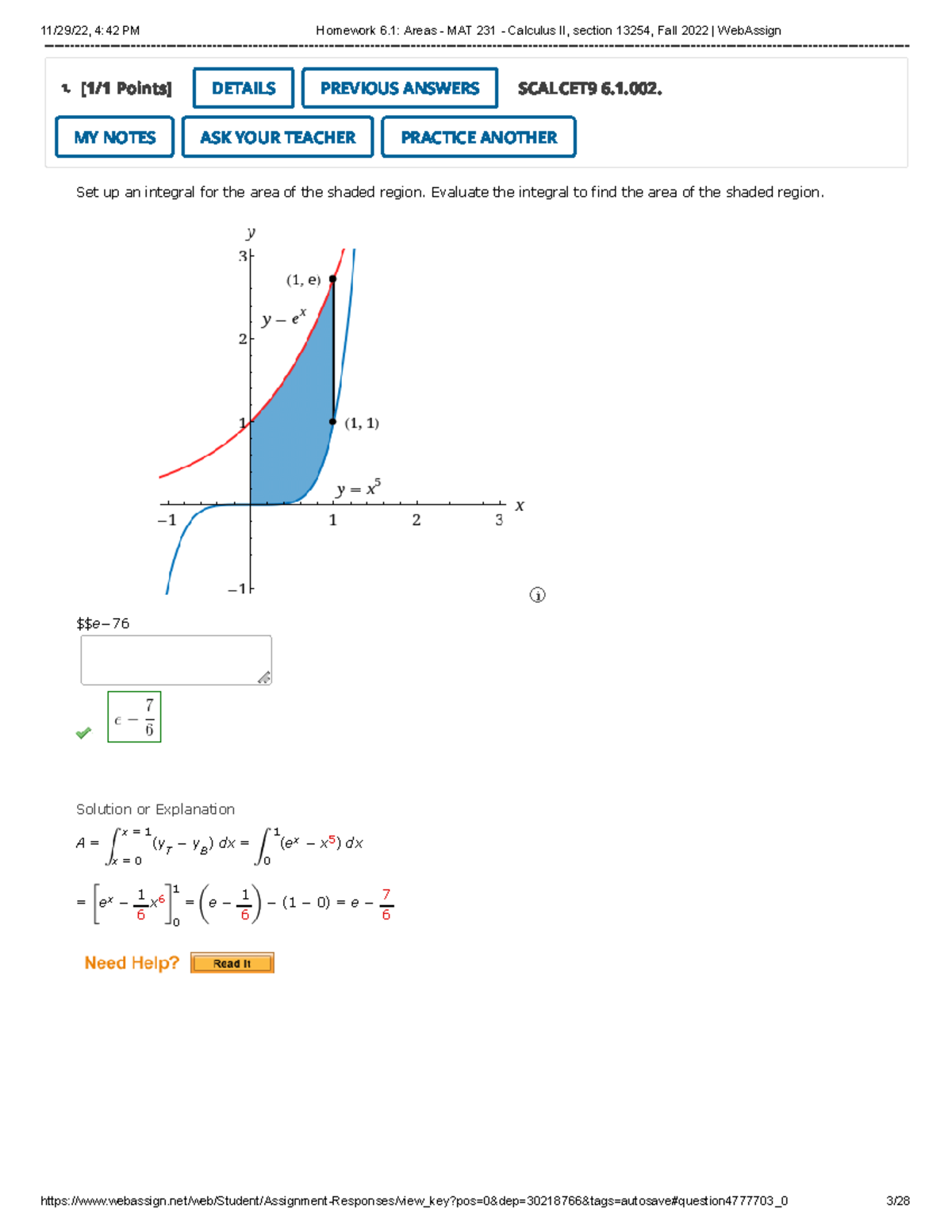 Homework 6.1 Areas - MAT 231 - Calculus II, section 13254, Fall 2022 Web Assign - Set up an ...
