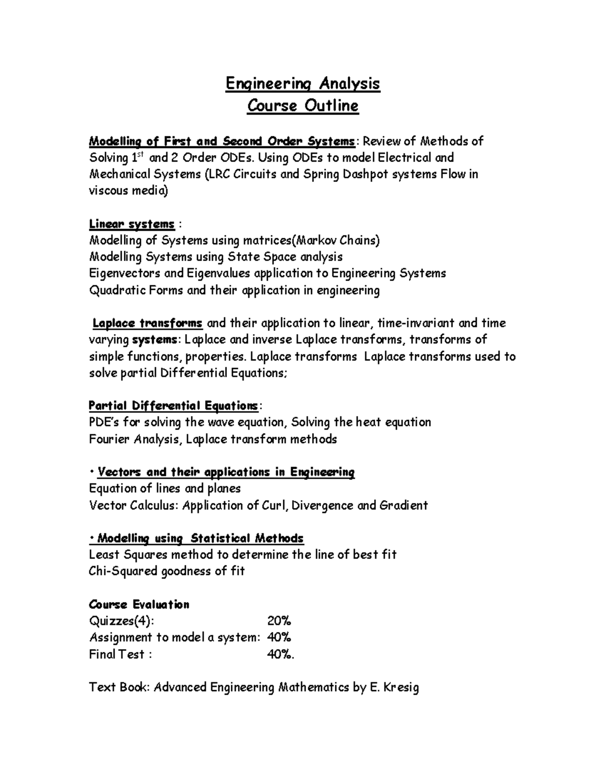Course Outline- Engineering Analysis - Engineering Analysis Course Outline Modelling of First ...