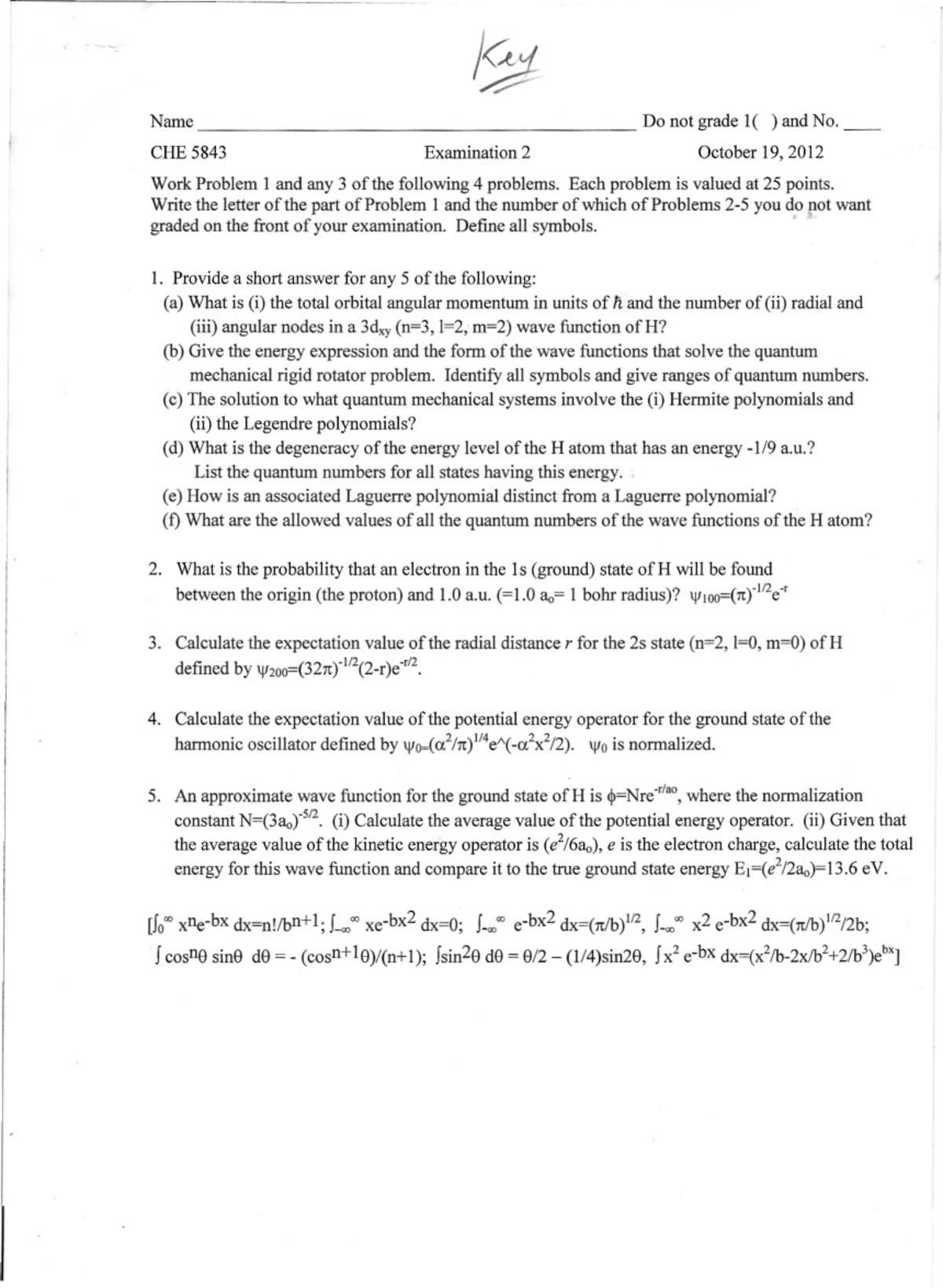 Exam2-Key - Advanced Quantum Mechanics - .-_ —..._ Name Do not grade 1 ...
