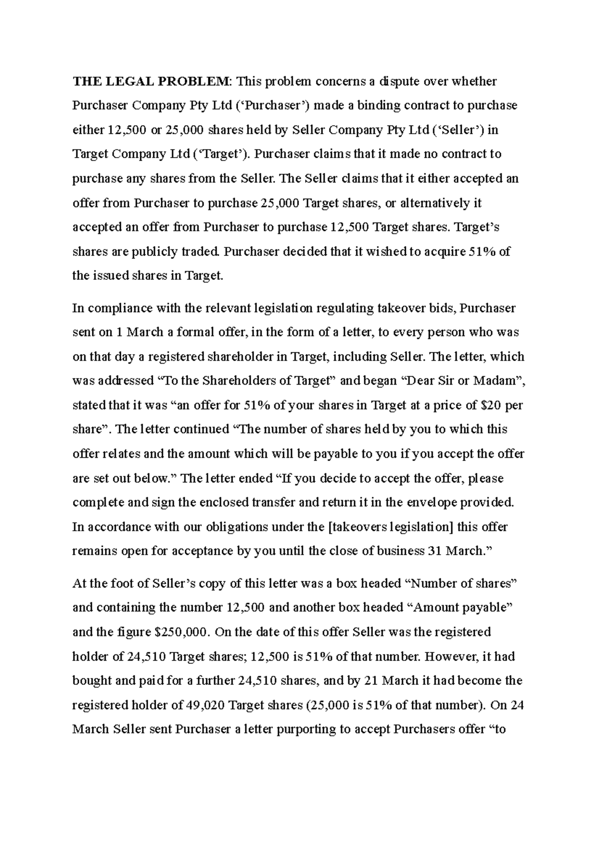 THE Legal Problem - THE LEGAL PROBLEM : This problem concerns a dispute ...