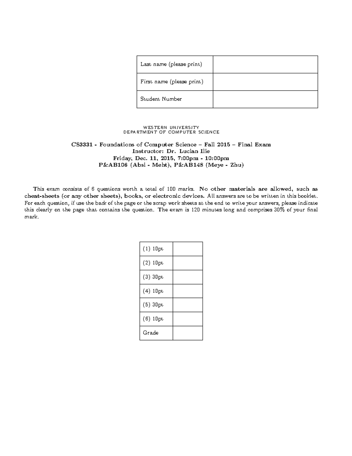 Final exam 2015 - Last name (please print) First name (please print) Student Number western ...