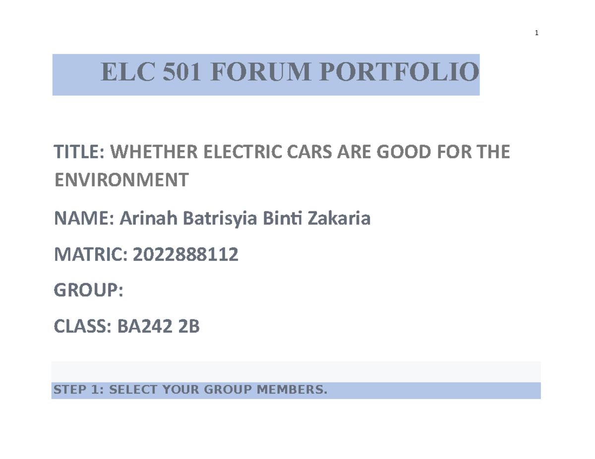 Sample ELC 501 Forum Portfolio - TITLE: WHETHER ELECTRIC CARS ARE GOOD ...