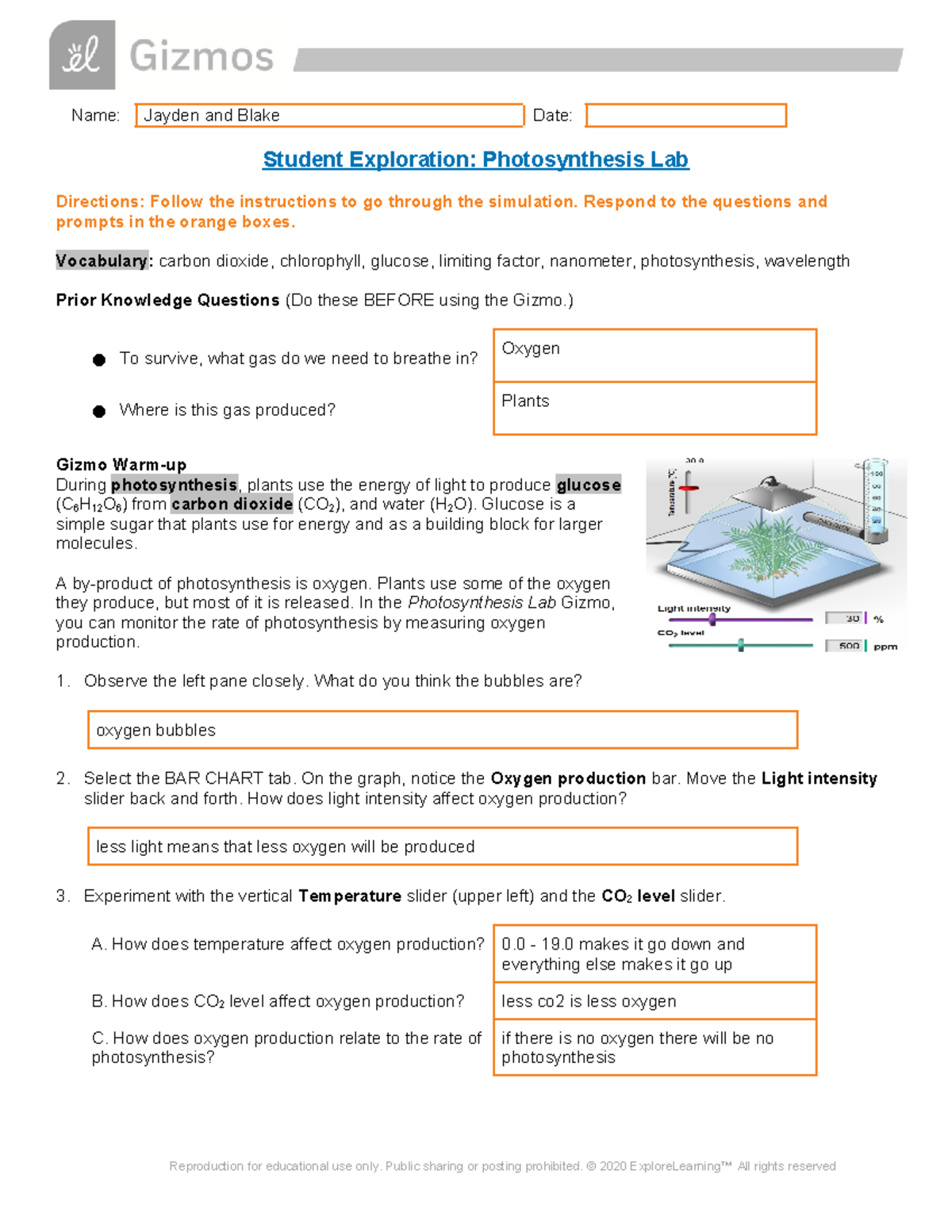 Photosynthesis Lab Gizmo Student Handout - Name: Jayden and Blake Date ...