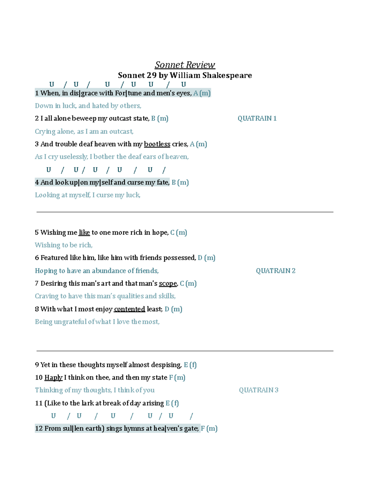 Sonnet 29 groups - Sonnet Review Sonnet 29 by William Shakespeare U / U ...