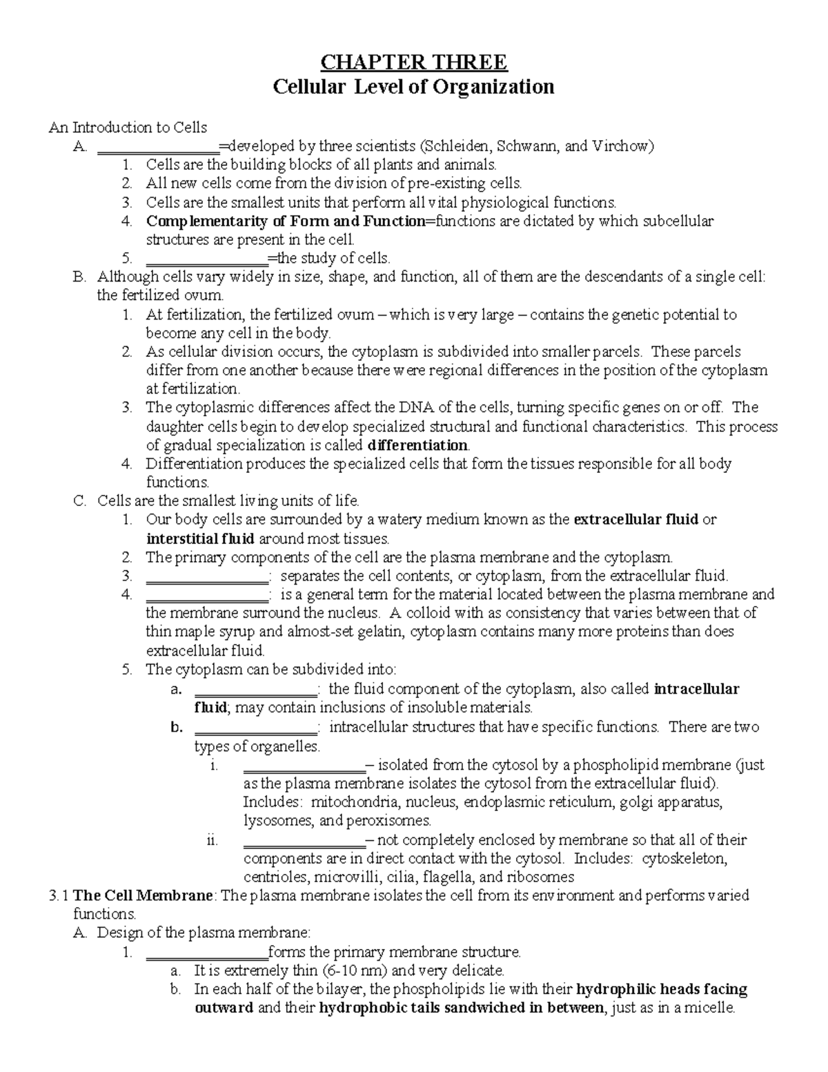 Chapter 3 Lecture and Reading Guide 2 - CHAPTER THREE Cellular Level of ...