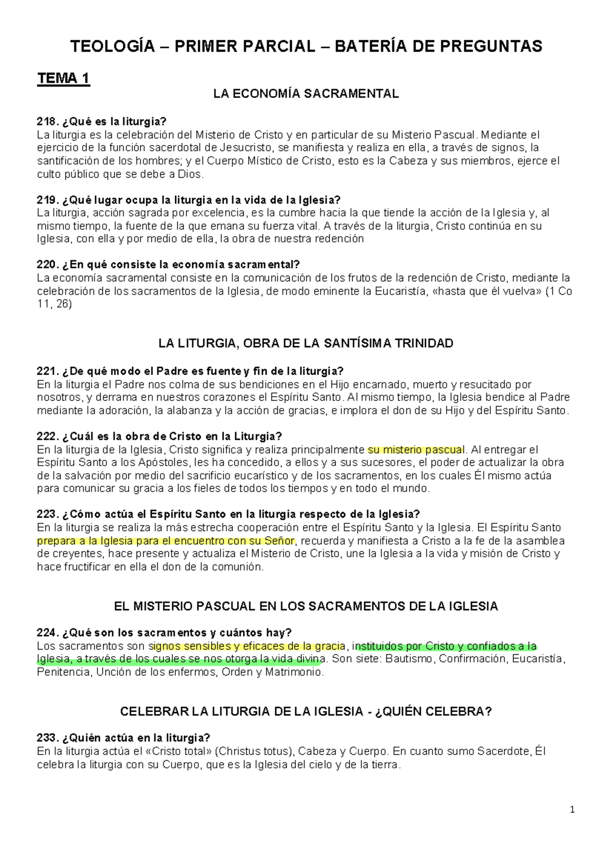 Teología - Primer parcial - Batería de preguntas - TEOLOGÍA – PRIMER PARCIAL – BATERÍA DE - Studocu