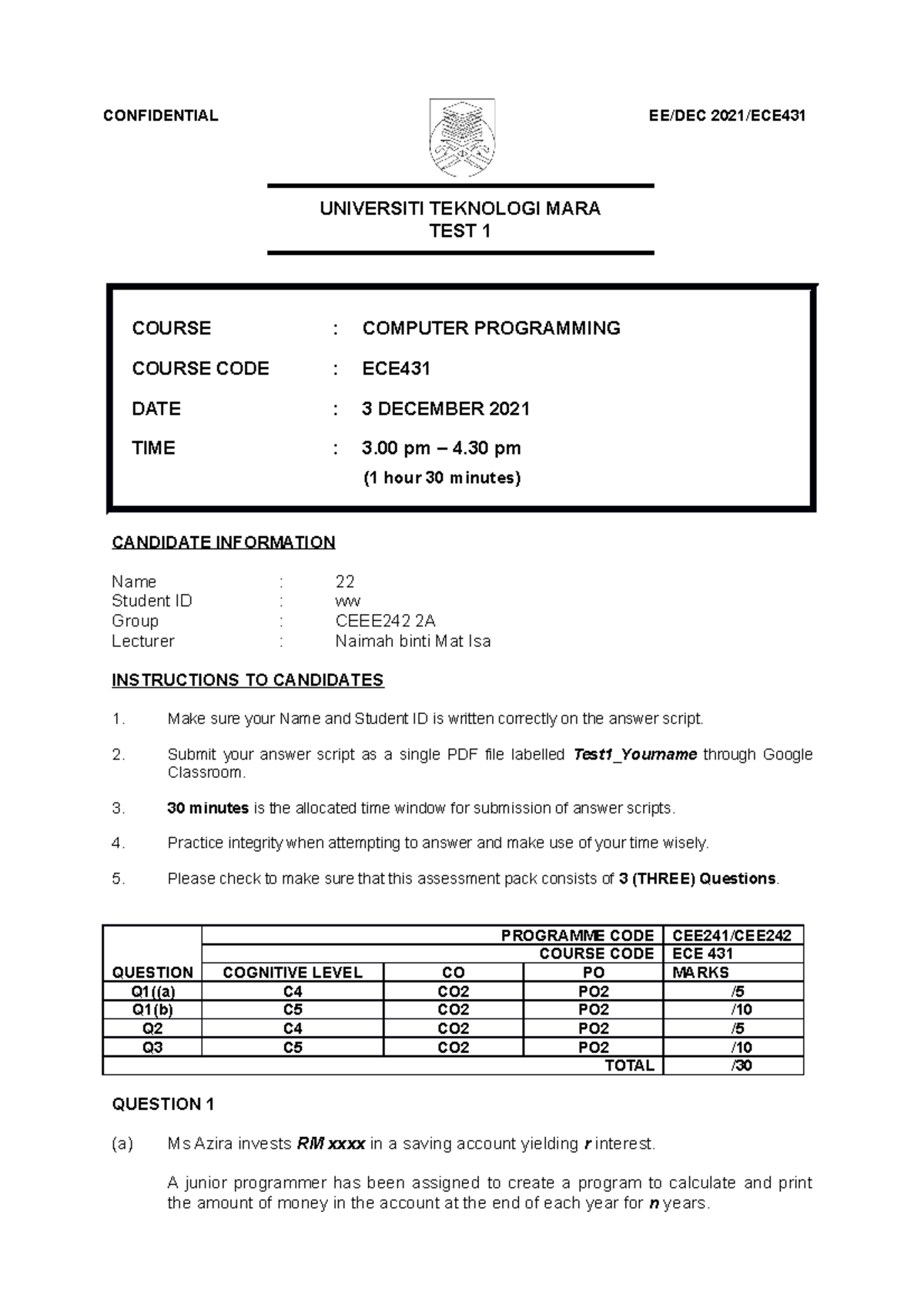 Revision 1223345 2022 - UNIVERSITI TEKNOLOGI MARA TEST 1 COURSE ...