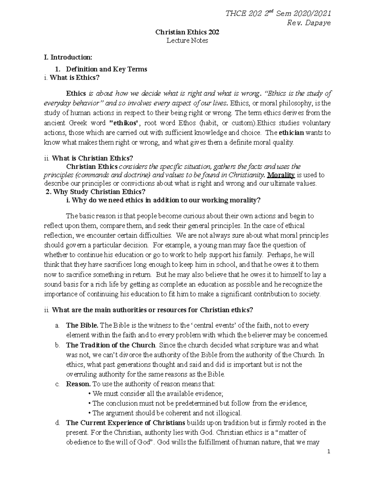 Christian Ethic Notes. 2021AMEU - Rev. Dapaye Christian Ethics 202 ...