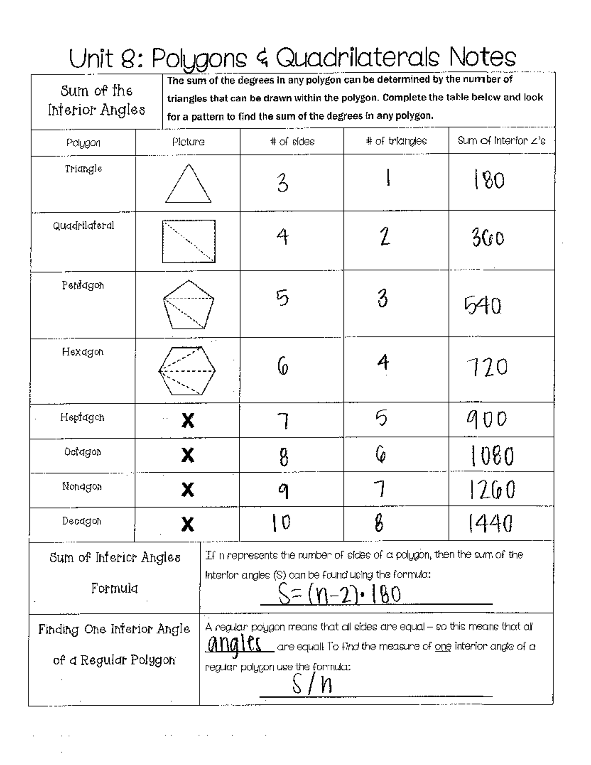 8.1 Notes KEY - yes - Unit 8: Polygons Quadrilaterals Notes The sum of ...