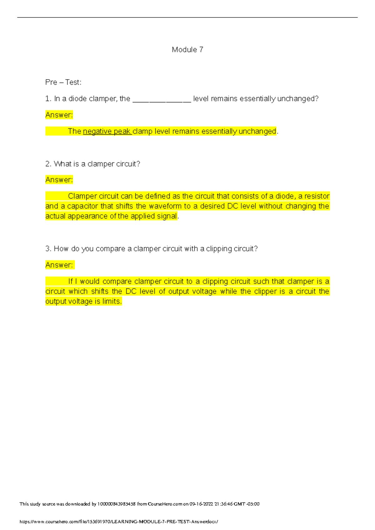Learning Module 7 PRE TEST Answer - Module 7 Pre – Test: In a diode ...