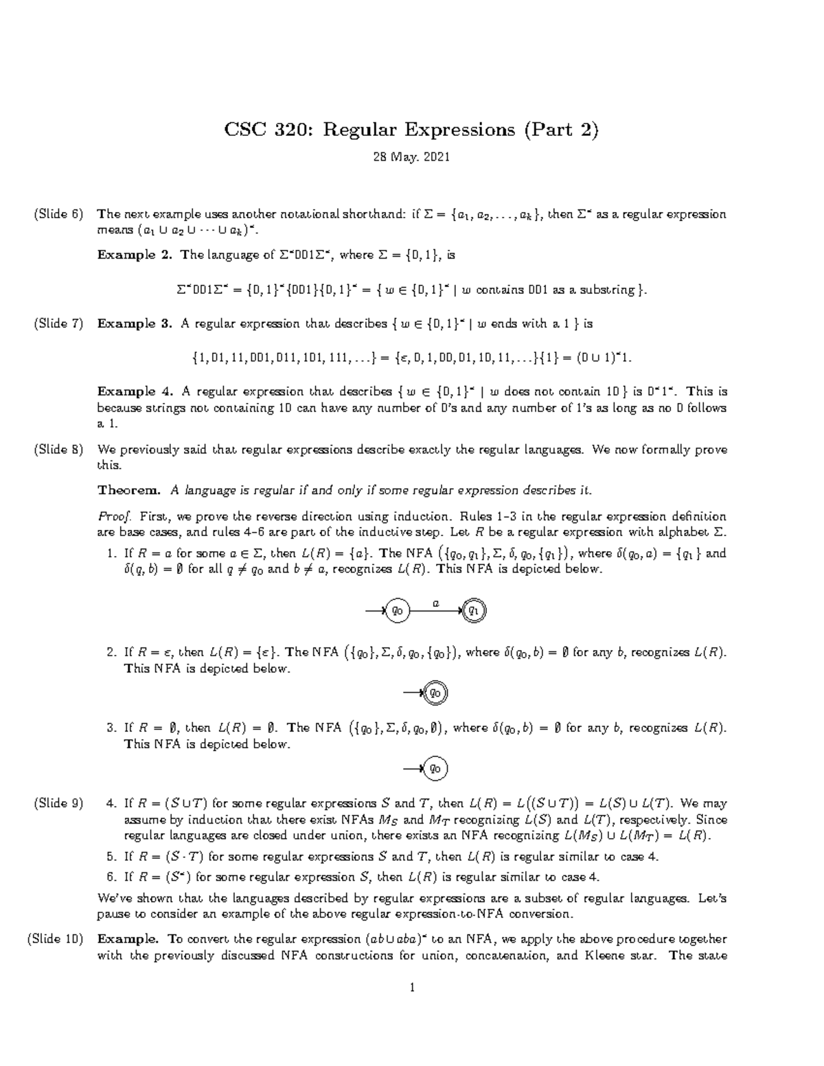 Lecture 05 notes 2 - CSC 320: Regular Expressions (Part 2) 28 May. 2021 ...