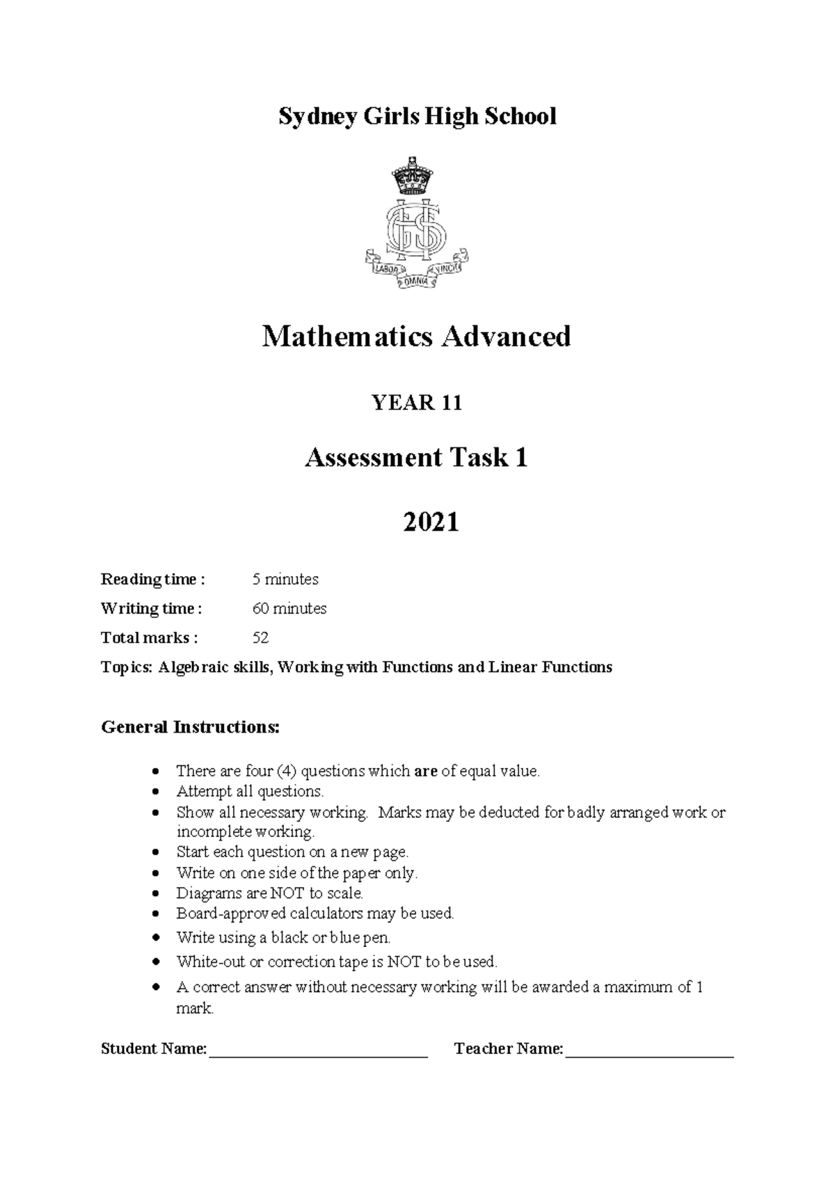 2021 Y11 MA Task 1 - Math revision - Sydney Girls High School Mathematics Advanced YEAR 11 - Studocu