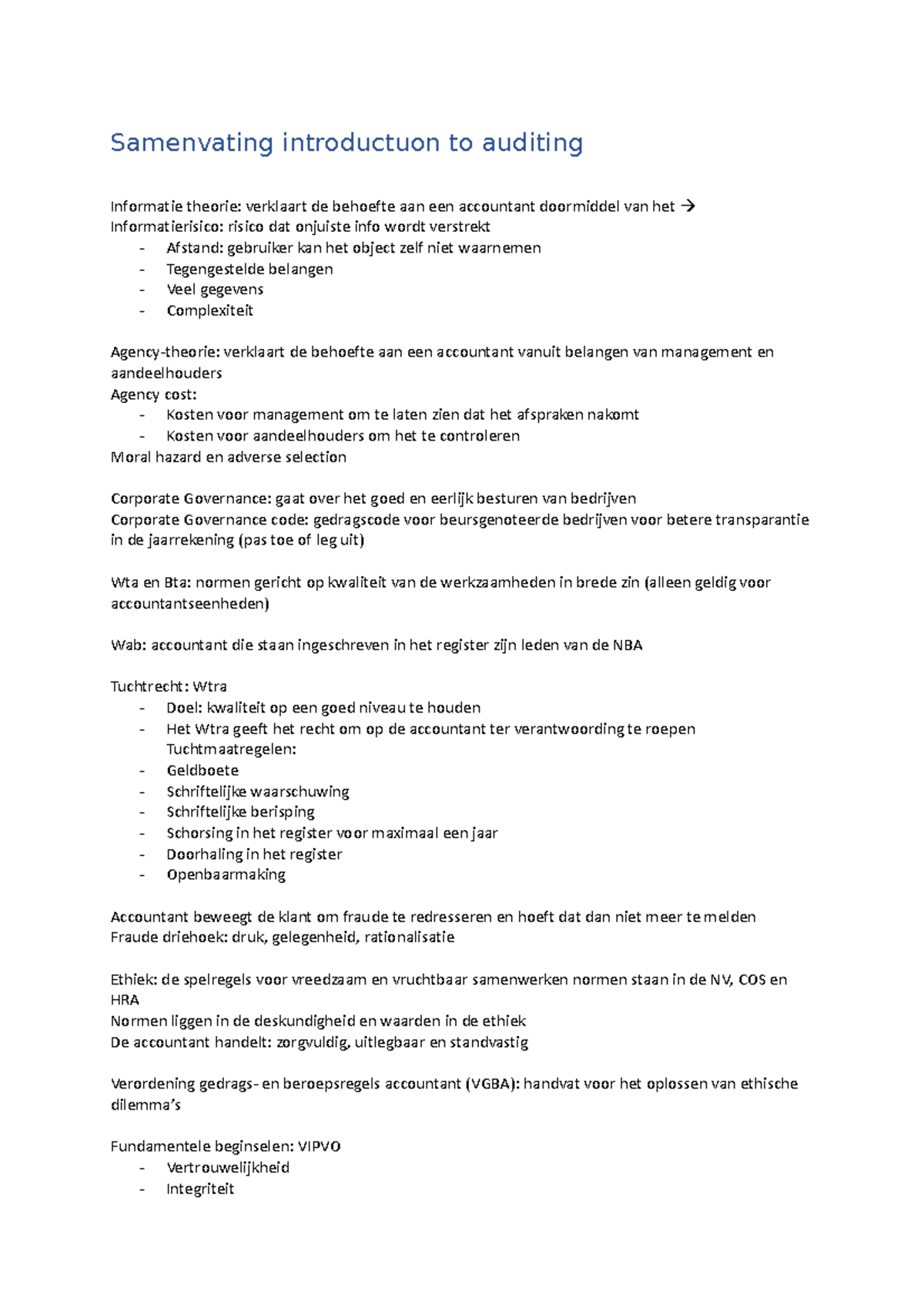Samenvatting introduction to auditing - Samenvating introductuon to ...