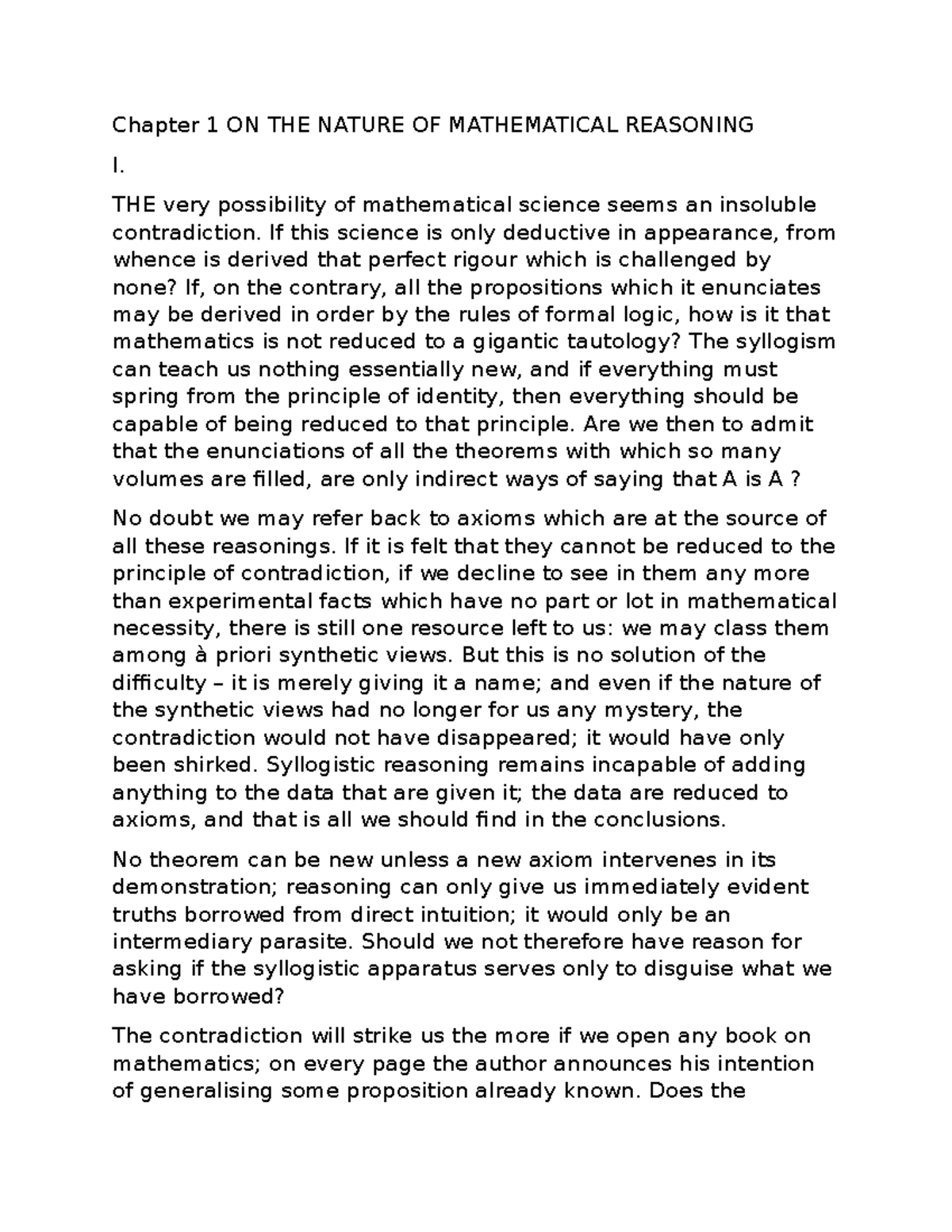 Science and hypothesis - Chapter 1 ON THE NATURE OF MATHEMATICAL ...