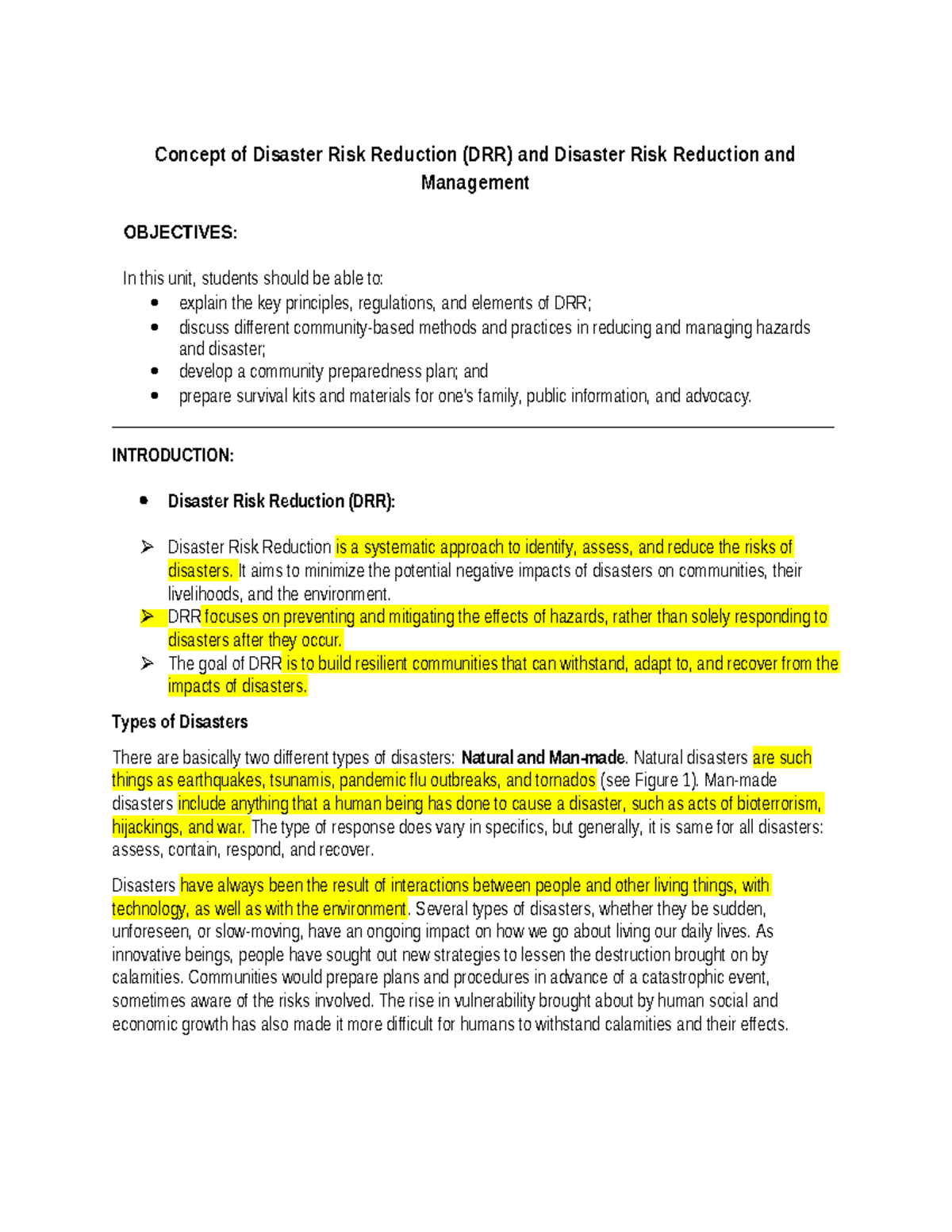 Ccdrm-Concept of Disaster Risk Reduction (DRR) - INTRODUCTION: Disaster ...