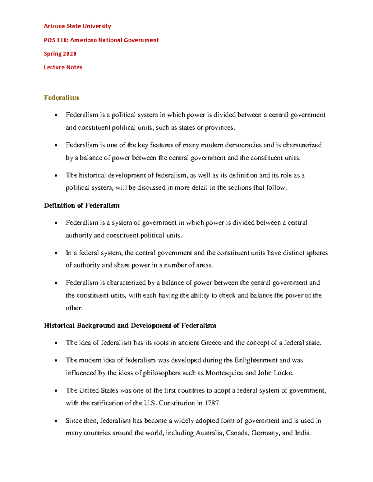 POS 110 Lecture Notes 5 Federalism - POS 110: American National ...