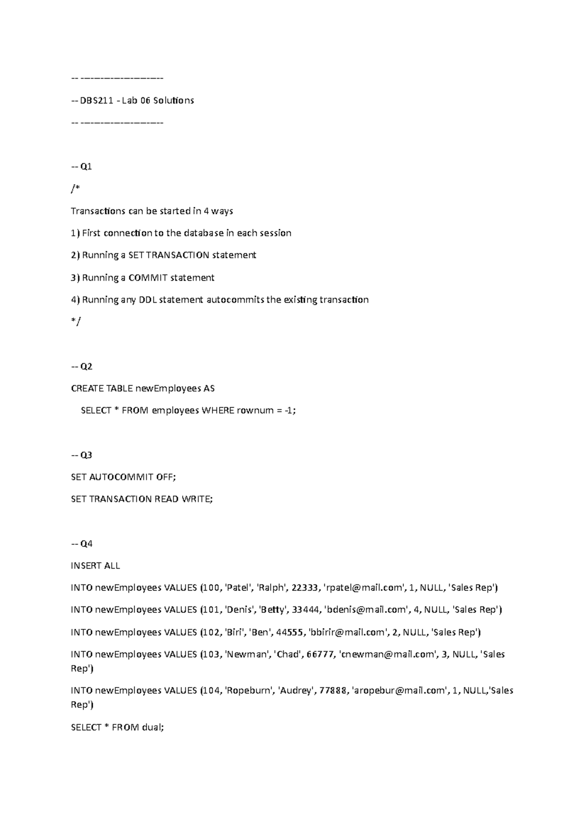 Dbs211 Lab6 Solutions Dbs211 Lab 06 Solutions Q Transactions Can Be Started In 4 Ways 